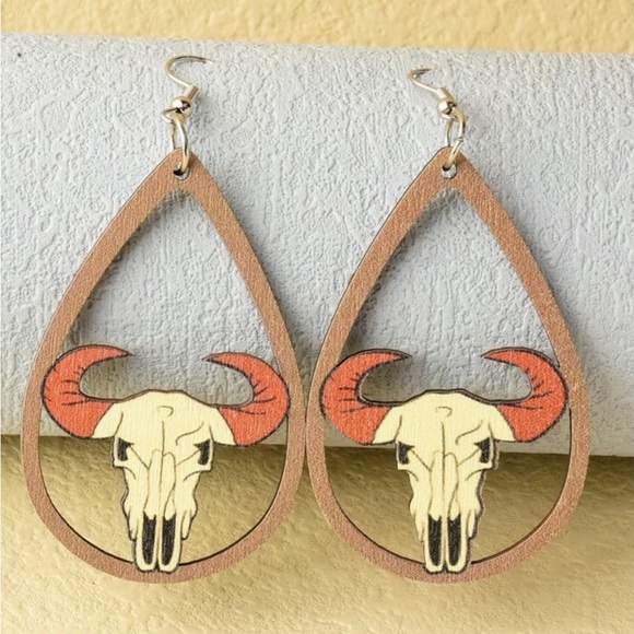 Jewelry | Longhorn Wood Skull Steer Cattle Cow Cutout Teardrop Western ...